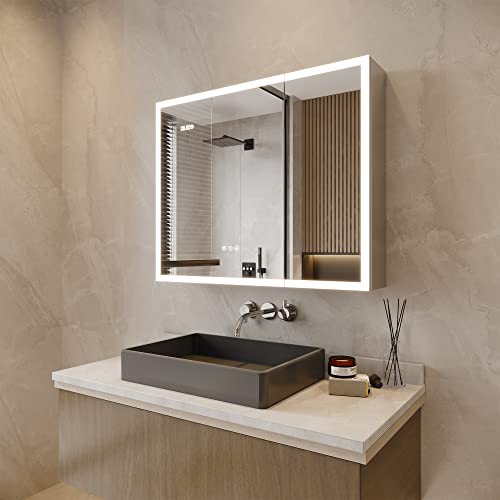 LIGMIRR Bathroom Medicine Cabinet with Lights, 36×30 Inch LED Medicine Cabinet with Mirror, Double Door Lighted Medicine Cabinet with Defogger, Dimmer, Clock & Temp Display, 2 Outlets & USB Ports