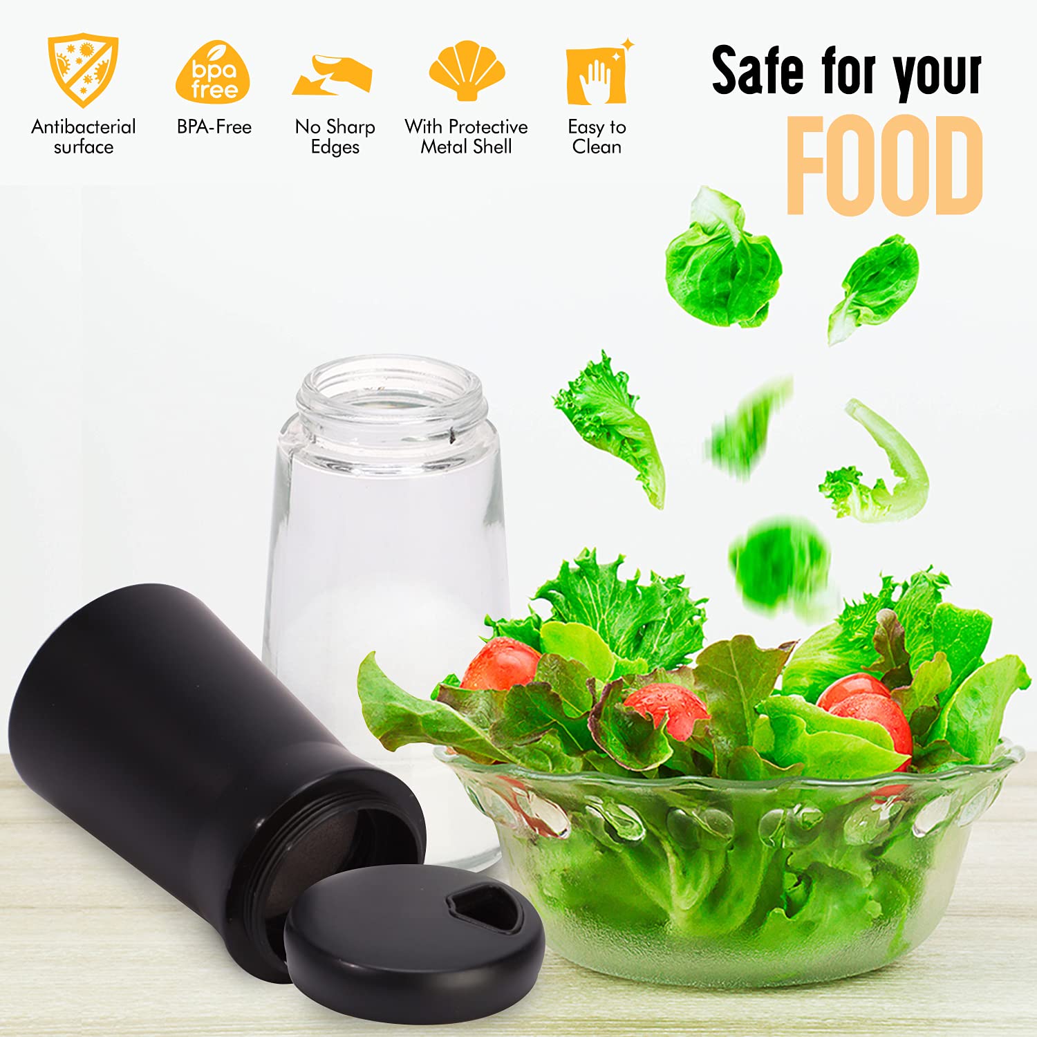 The Original Salt and Pepper Shakers set - Black -Spice Dispenser with Adjustable Pour Holes - Stainless Steel & Glass - Set of 2 Bottles