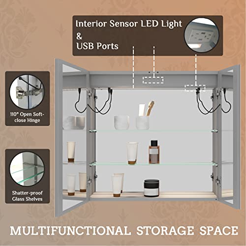 LIGMIRR Bathroom Medicine Cabinet with Lights, 36×30 Inch LED Medicine Cabinet with Mirror, Double Door Lighted Medicine Cabinet with Defogger, Dimmer, Clock & Temp Display, 2 Outlets & USB Ports