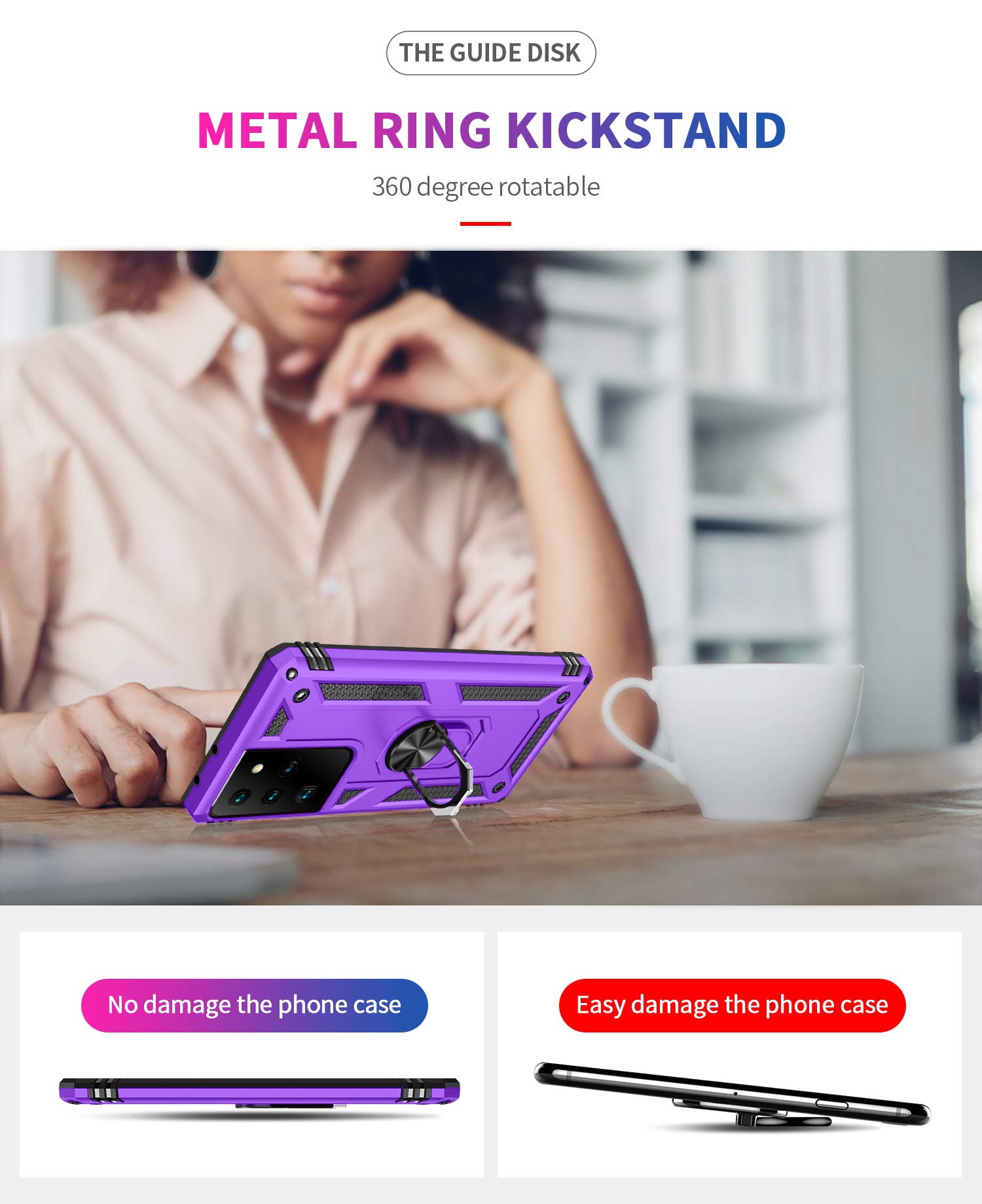 Androgate for Samsung Galaxy S21 Ultra 5G Case with HD Screen Protectors, Military-Grade Metal Ring Holder Kickstand 15ft Drop Tested Shockproof Cover Case for Samsung Galaxy S21 Ultra Purple