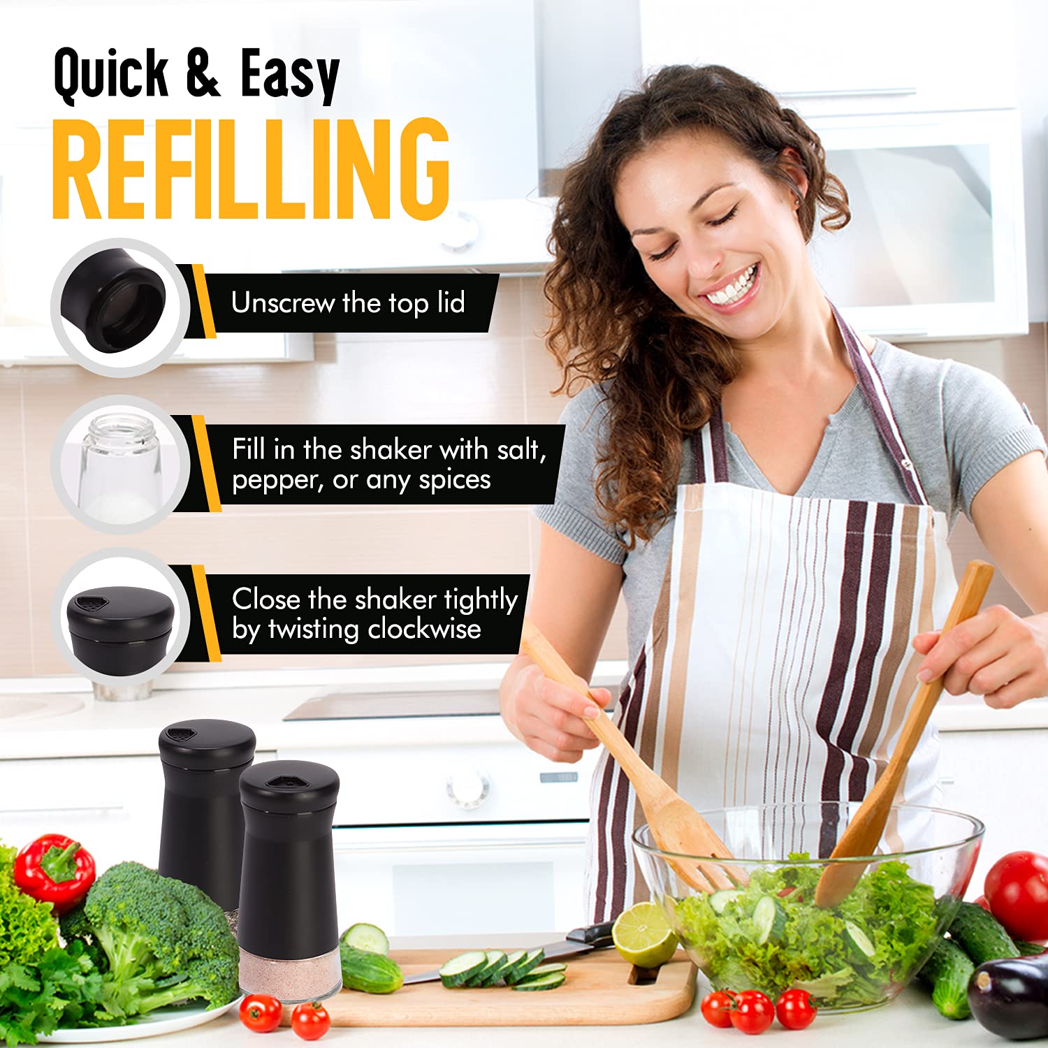 The Original Salt and Pepper Shakers set - Black -Spice Dispenser with Adjustable Pour Holes - Stainless Steel & Glass - Set of 2 Bottles
