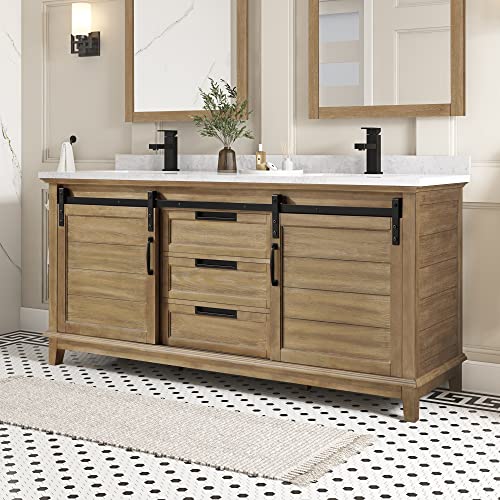 OVE Decors Edenderry 72" Double Undermount Sink Bathroom Vanity with Cultured Marble Countertop and Barn Doors, Pre-Assembled | Backsplash Included | 03 Drawers and Power Bar, 72 inches, Rustic Almond