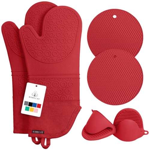 Rorecay Extra Long Oven Mitts and Pot Holders Sets: Heat Resistant Silicone Oven Mittens with Mini Oven Gloves and Hot Pads Potholders for Kitchen Baking Cooking, Quilted Liner, Red, Pack of 6