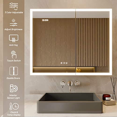 LIGMIRR Bathroom Medicine Cabinet with Lights, 36×30 Inch LED Medicine Cabinet with Mirror, Double Door Lighted Medicine Cabinet with Defogger, Dimmer, Clock & Temp Display, 2 Outlets & USB Ports