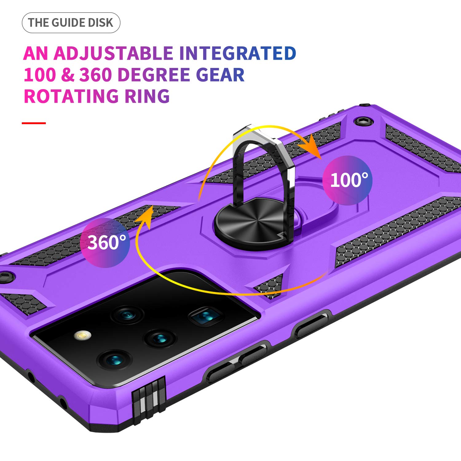Androgate for Samsung Galaxy S21 Ultra 5G Case with HD Screen Protectors, Military-Grade Metal Ring Holder Kickstand 15ft Drop Tested Shockproof Cover Case for Samsung Galaxy S21 Ultra Purple