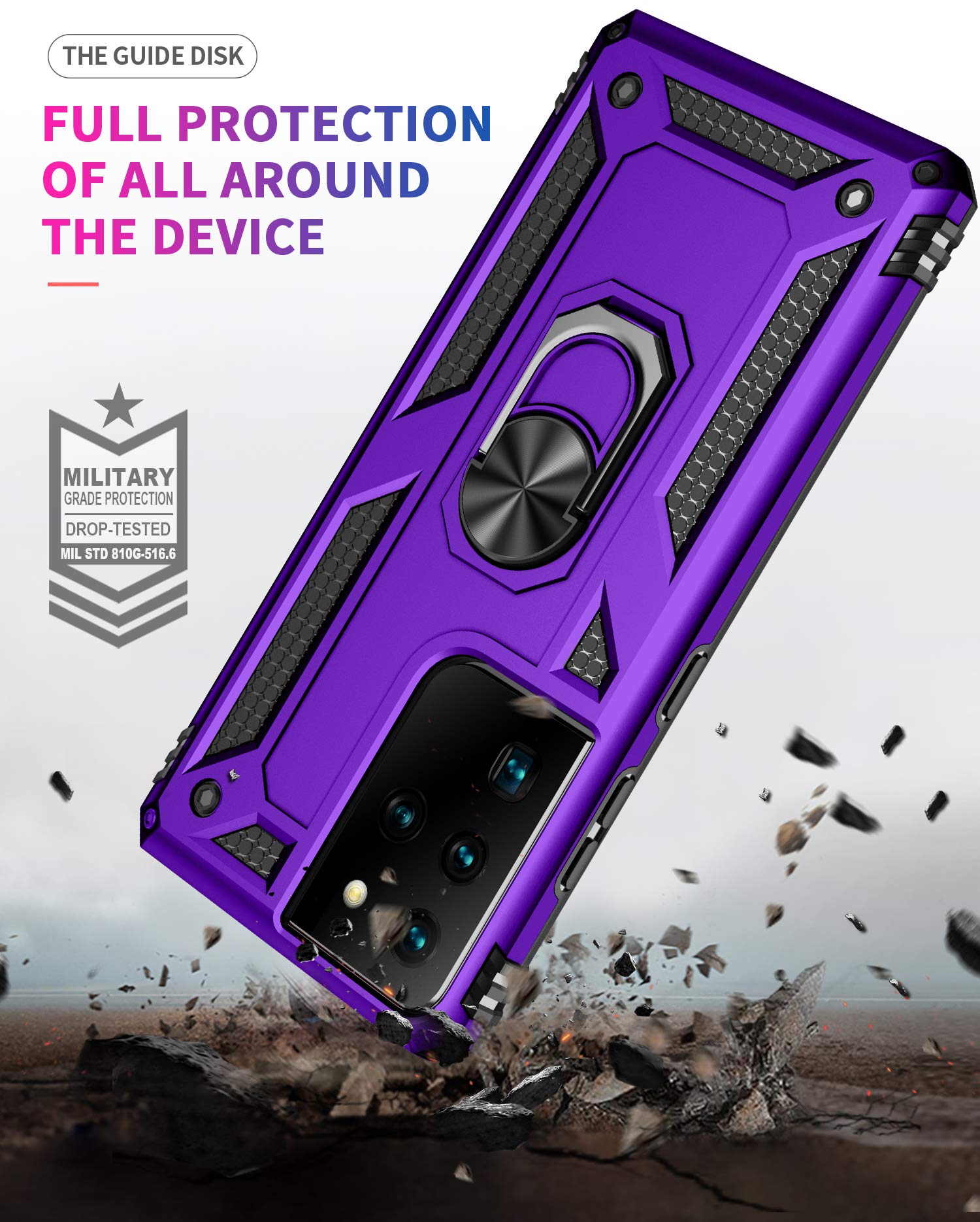 Androgate for Samsung Galaxy S21 Ultra 5G Case with HD Screen Protectors, Military-Grade Metal Ring Holder Kickstand 15ft Drop Tested Shockproof Cover Case for Samsung Galaxy S21 Ultra Purple