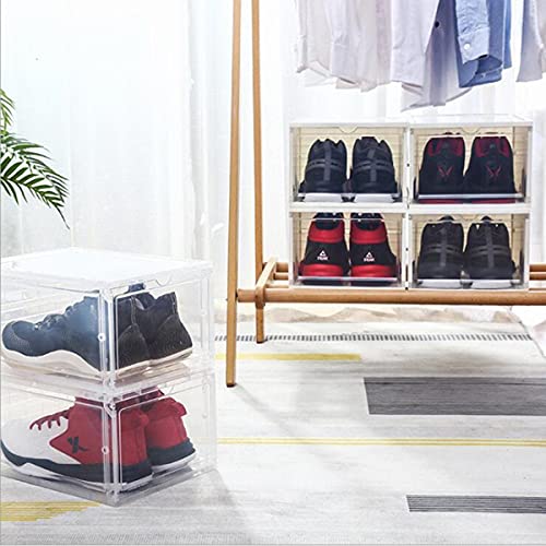 Stackable Shoe Boxes Pack of 4,Foldable Magnetic Clear Shoe Storage Box,Easy to Assemble