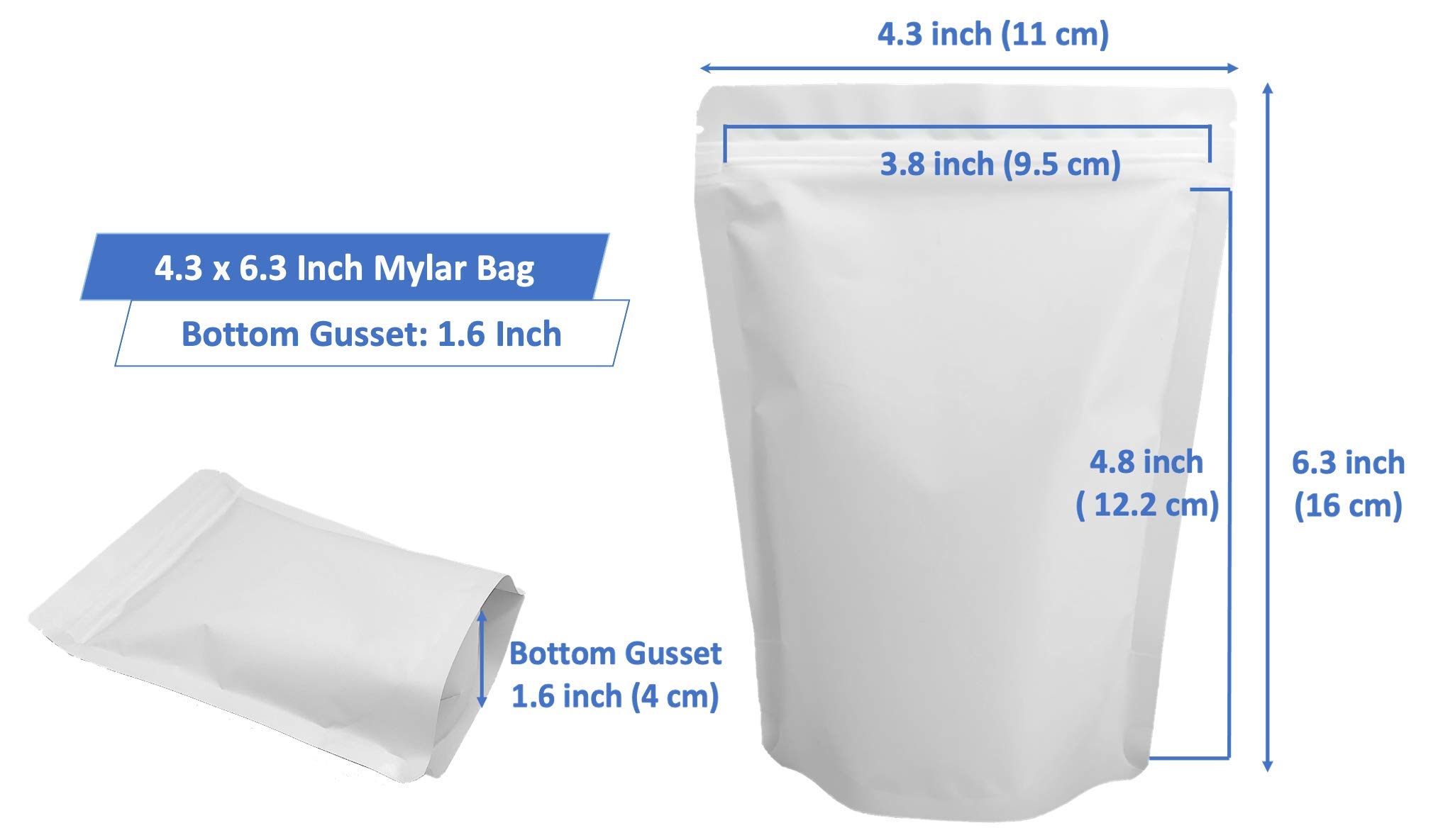 Chamigon 100 Pack Resealable Mylar Stand Up Pouch for Food Storage - 4.3x6.3 Inches Smell Proof Packaging Bag, Heat Sealable Foil Zipper Bags, Sample Pouches – Matte White