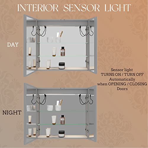 LIGMIRR Bathroom Medicine Cabinet with Lights, 36×30 Inch LED Medicine Cabinet with Mirror, Double Door Lighted Medicine Cabinet with Defogger, Dimmer, Clock & Temp Display, 2 Outlets & USB Ports