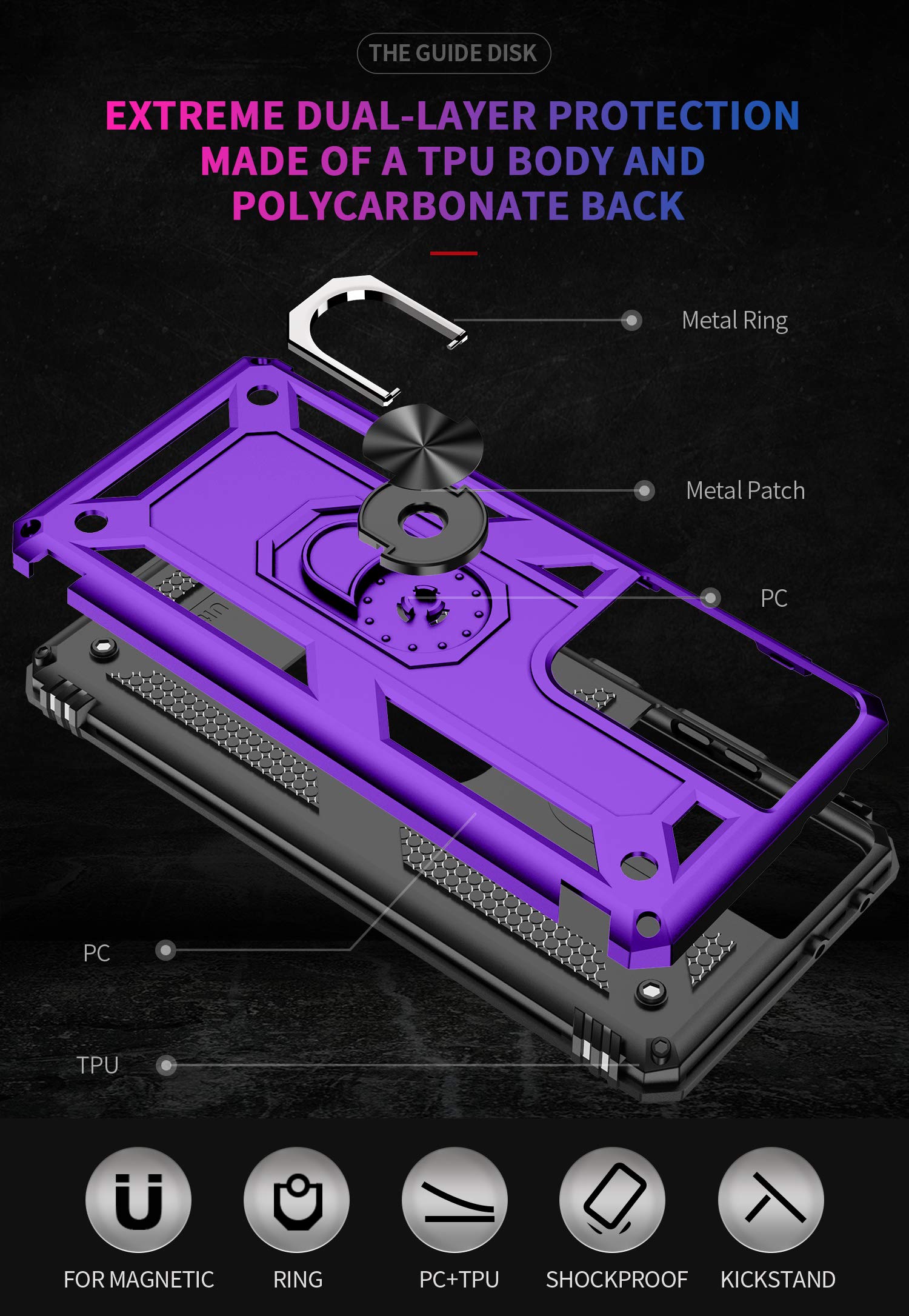 Androgate for Samsung Galaxy S21 Ultra 5G Case with HD Screen Protectors, Military-Grade Metal Ring Holder Kickstand 15ft Drop Tested Shockproof Cover Case for Samsung Galaxy S21 Ultra Purple