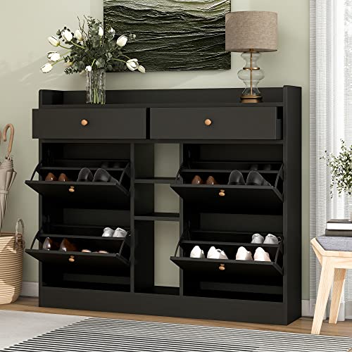 Shoe Rack Storage Cabinet with 4 Flip Drawers, Multifunctional Shoe Cabinet Slim Modern Shoe Storage Organizer with 2 Drawers for Entryway Hallway Furniture Doorway, Up to 26 Pair of Shoes, Black