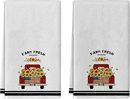 Beisseid Kitchen Towels Farm Fresh Sunflower Truck Dish Cloth Fingertip Bath Towels Cloth Black Stripes Hand Drying Soft Cotton Tea Towel 18x28in