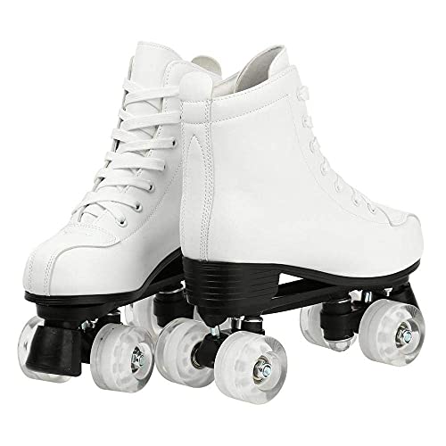 PHSDA Women's Roller Skates PU Leather High-top Roller Skates Four-Wheel Roller Skates Shiny Roller Skates for Unisex Kids and Adults (White Flash,270/us 8)