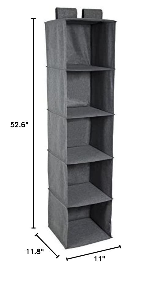 Bigso Soft Storage Hanging Closet Organizer | Polyester Hanging Closet Organizers and Storage with 5 Compartments | Clothes Organizer That Hangs on Closet Rods | 11.8β x 11.8β x 52.6β | Grey