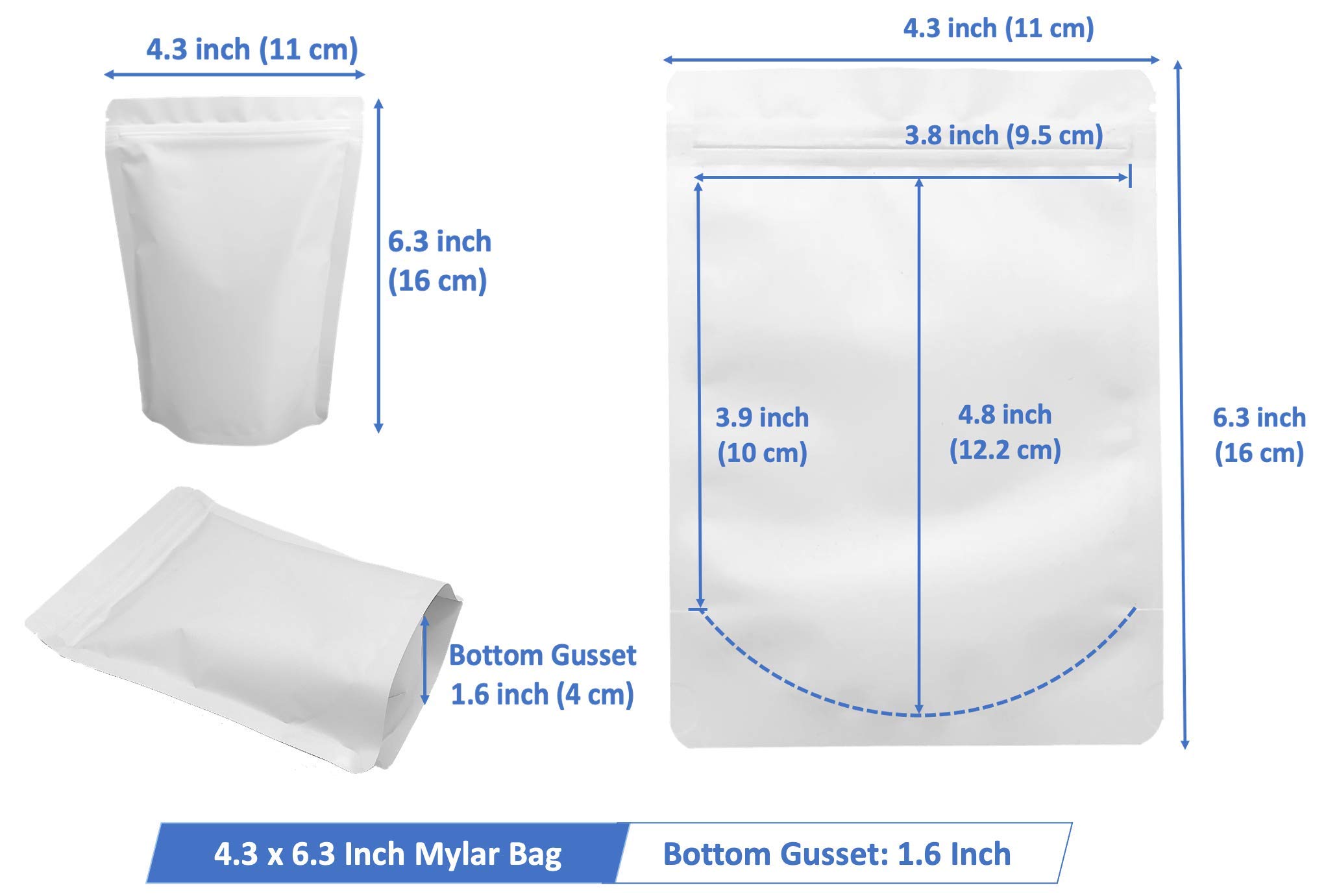 Chamigon 100 Pack Resealable Mylar Stand Up Pouch for Food Storage - 4.3x6.3 Inches Smell Proof Packaging Bag, Heat Sealable Foil Zipper Bags, Sample Pouches – Matte White