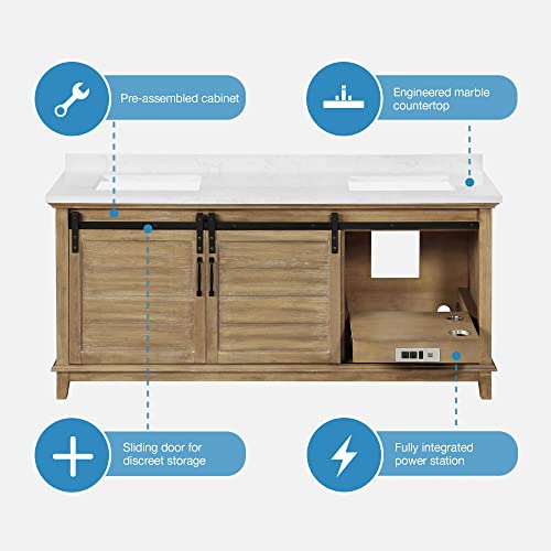 OVE Decors Edenderry 72" Double Undermount Sink Bathroom Vanity with Cultured Marble Countertop and Barn Doors, Pre-Assembled | Backsplash Included | 03 Drawers and Power Bar, 72 inches, Rustic Almond
