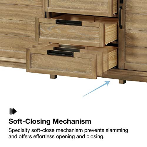 OVE Decors Edenderry 72" Double Undermount Sink Bathroom Vanity with Cultured Marble Countertop and Barn Doors, Pre-Assembled | Backsplash Included | 03 Drawers and Power Bar, 72 inches, Rustic Almond