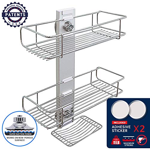 Bath Beyond BATHBEYOND Shower Caddy Suction Cup Tier Shower Shelf - Adjustable Shower Caddy 400 Stainless Steel No-Drilling and Extra Adhesive Sticker for More Stronger Suction (3Tier)