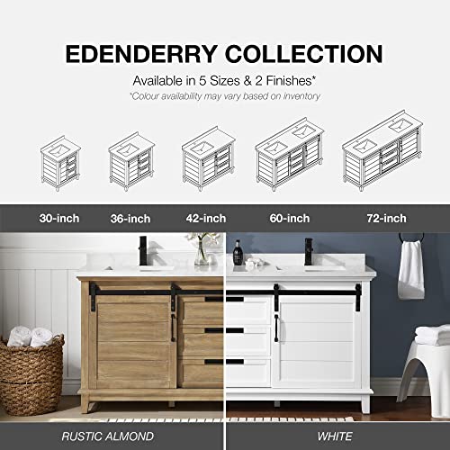 OVE Decors Edenderry 72" Double Undermount Sink Bathroom Vanity with Cultured Marble Countertop and Barn Doors, Pre-Assembled | Backsplash Included | 03 Drawers and Power Bar, 72 inches, Rustic Almond