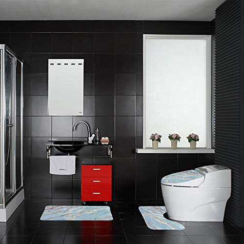 3 Pieces Bathroom Rugs Sets Non Slip Coral Fleece Absorption Extra Soft Durable Bath Carpet Accessories for Tub Shower Bedroom Entryway Blue Marble Texture