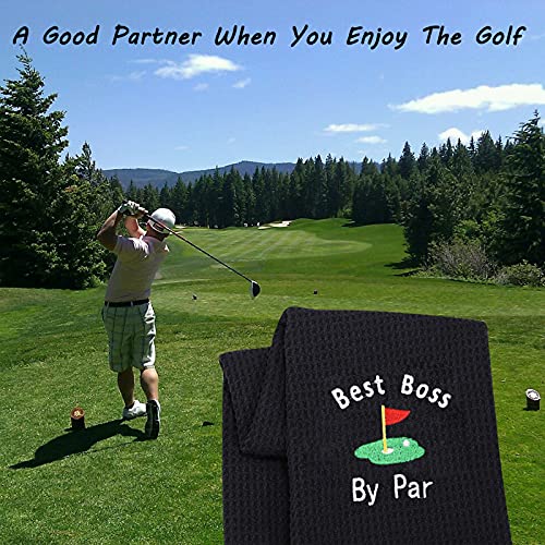 LEVLO Boss Gift Funny Golf Towel Gift for Golfer Best Boss by Par Golf Embroidered Golf Towel Gift Boss's Day (Best Boss- Black)