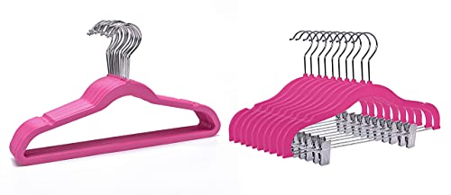 Quality Kids Children's Plastic Non Velvet Non-Flocked Thin Compact Shirt and Skirt/Pant Bundle Coat Hangers with Metal Clips for Skirts Pants Blouses 360° Swivel Hook, Jacket, Pink