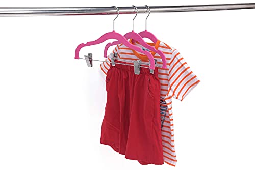 Quality Kids Children's Plastic Non Velvet Non-Flocked Thin Compact Shirt and Skirt/Pant Bundle Coat Hangers with Metal Clips for Skirts Pants Blouses 360° Swivel Hook, Jacket, Pink