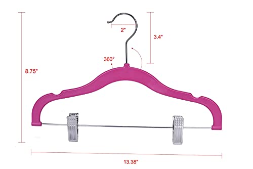 Quality Kids Children's Plastic Non Velvet Non-Flocked Thin Compact Shirt and Skirt/Pant Bundle Coat Hangers with Metal Clips for Skirts Pants Blouses 360° Swivel Hook, Jacket, Pink