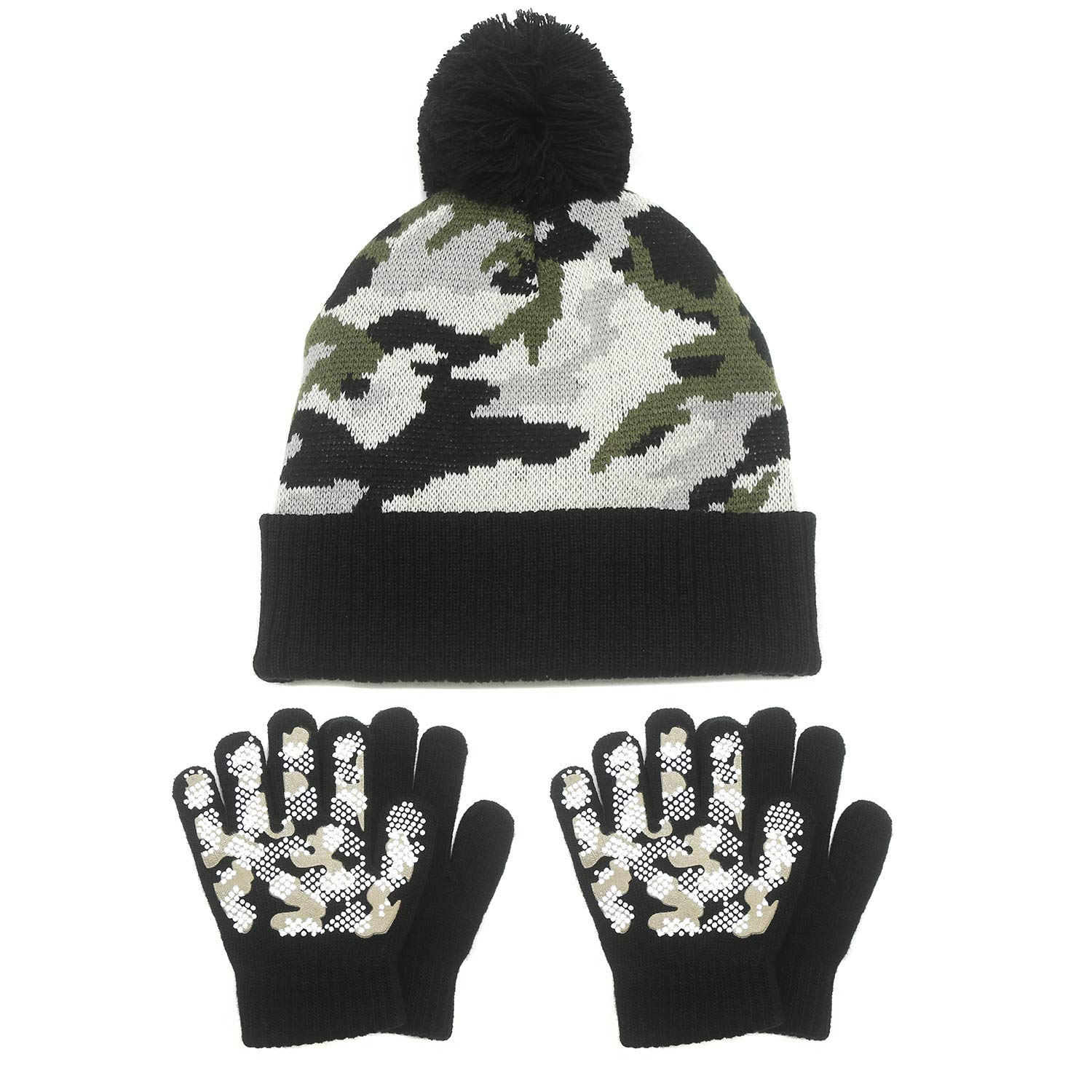 Evridwear 3 Piece Kids Children Boys Girls Magic Grip Winter Fall Gloves and Hat Set for Cool Cold Weather (Camo Black)