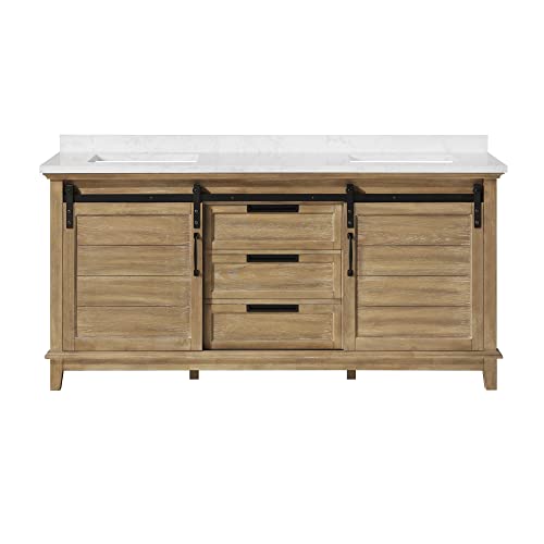 OVE Decors Edenderry 72" Double Undermount Sink Bathroom Vanity with Cultured Marble Countertop and Barn Doors, Pre-Assembled | Backsplash Included | 03 Drawers and Power Bar, 72 inches, Rustic Almond