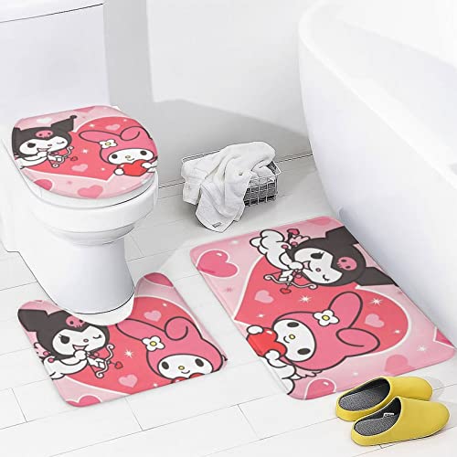 fmsnupz 4PCS Anime Shower Curtain Set, Cute Bathroom Decor with Non-Slip Rugs, Toilet Lid Cover and Bath Mat, Waterproof Fabric Shower Curtains with 12 Hooks, 70.8"x70.8"