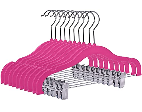Quality Kids Children's Plastic Non Velvet Non-Flocked Thin Compact Shirt and Skirt/Pant Bundle Coat Hangers with Metal Clips for Skirts Pants Blouses 360° Swivel Hook, Jacket, Pink