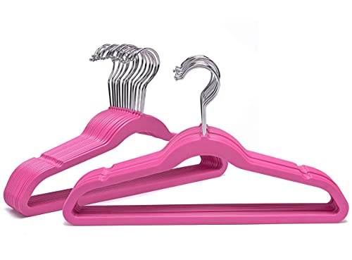 Quality Kids Children's Plastic Non Velvet Non-Flocked Thin Compact Shirt and Skirt/Pant Bundle Coat Hangers with Metal Clips for Skirts Pants Blouses 360° Swivel Hook, Jacket, Pink
