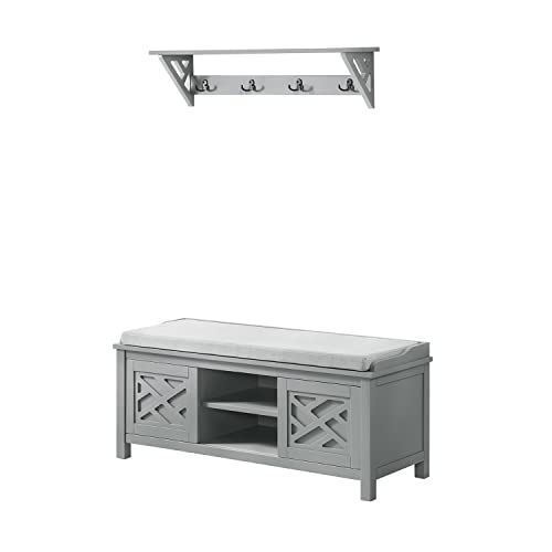 Alaterre Furniture Coventry Coat Hook & Storage Bench Hall Tree Set, Gray, Tool Organization For Entryway, Mudroom, Laundry Room, 4 Double Hooks, 3 Cubbies, 2 Sliding Doors, Traditional, Modern