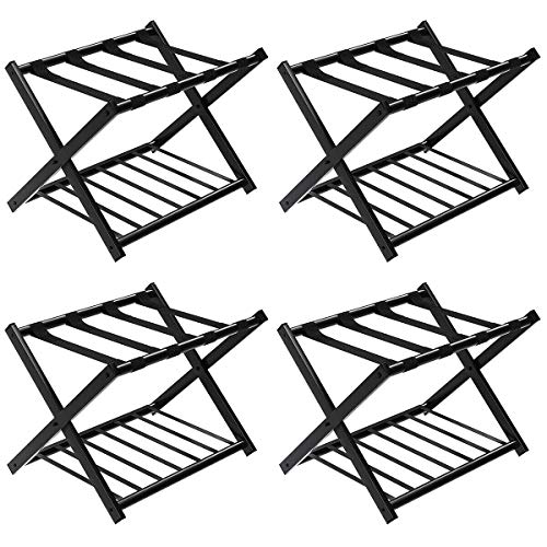 Tangkula Luggage Rack (Set of 4), Folding Metal Suitcase Luggage Stand, Double Tiers Luggage Holder with Shoe Shelf, Luggage Stand for Bedroom, Guest Room, Hotel