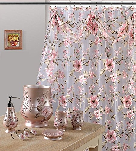Daniels 7 Piece Melrose Pink Shower Curtain and Resin Wastebasket Accessory Set