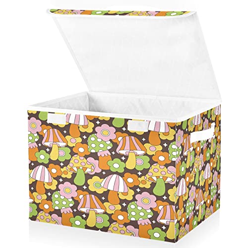 Krafig Cartoon Funny Plant Mushroom Foldable Storage Box Large Cube Organizer Bins Containers Baskets with Lids Handles for Closet Organization, Shelves, Clothes, Toys