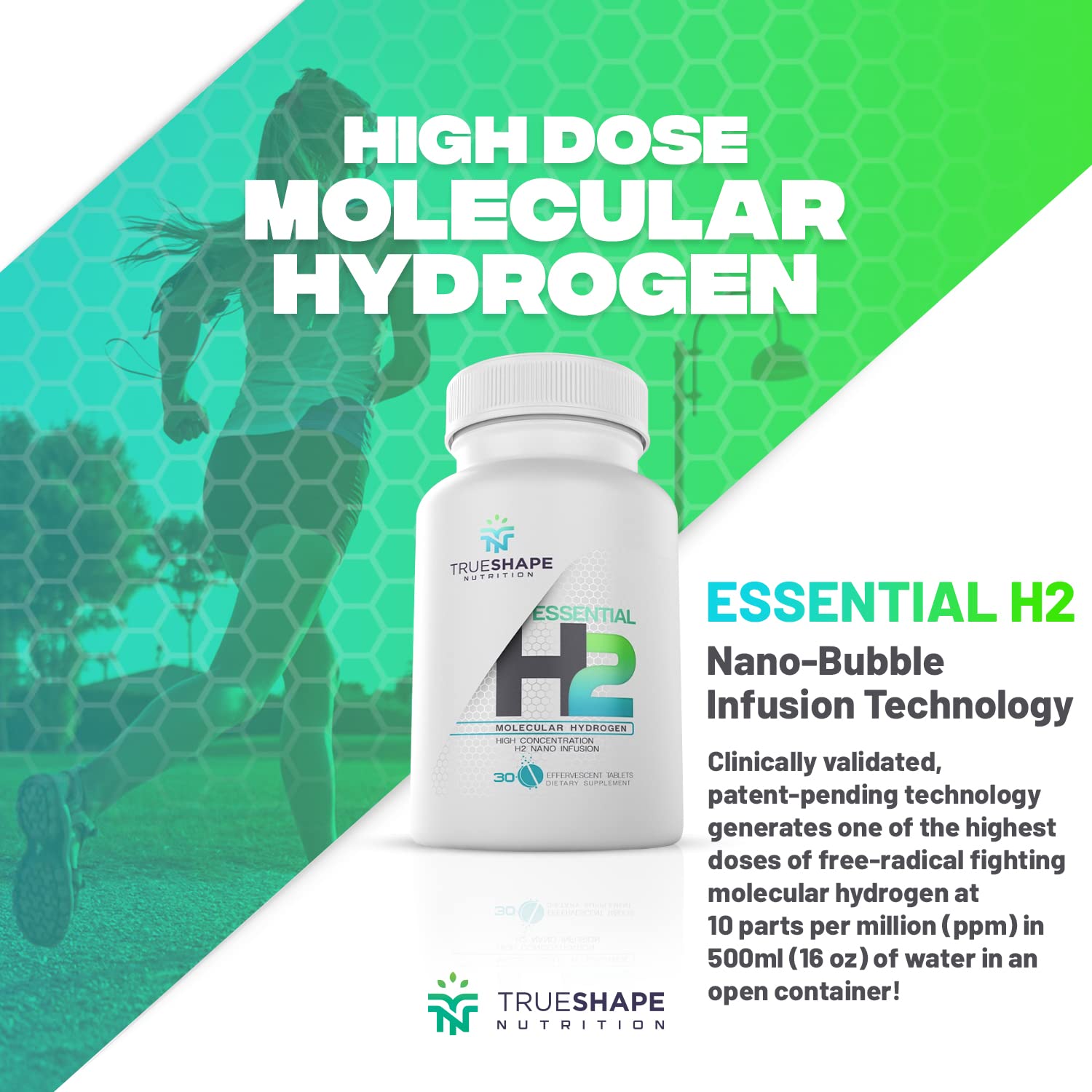 TrueShape Nutrition Essential H2 Fizzy Molecular Hydrogen Tablets for Water Nutritional Supplement (Unflavored, 30 Servings)
