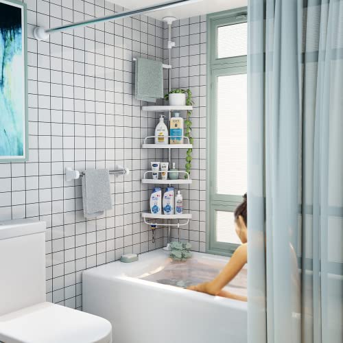 ROOMATIC 4 Layer Corner Shower Caddy, Adjustable Shower Shelf, Constant Tension Stainless Steel Pole Organizer, Rustproof 3.3 to 9.8ft