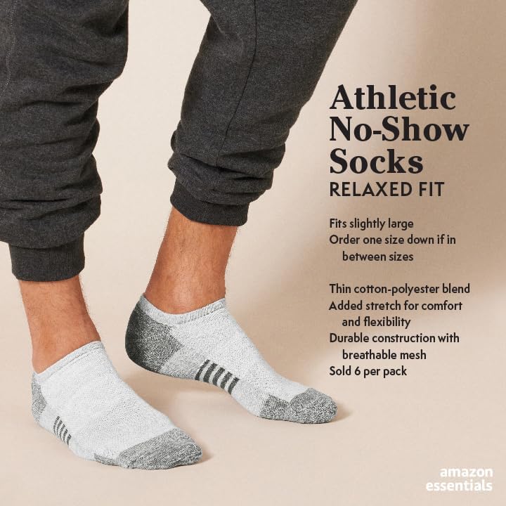 Amazon Essentials Men's Performance Comfortable Cotton Cushioned Breathable Athletic No-Show Socks, 6 Pairs, Grey/White, 6-12