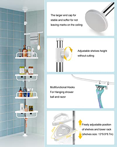 ROOMATIC 4 Layer Corner Shower Caddy, Adjustable Shower Shelf, Constant Tension Stainless Steel Pole Organizer, Rustproof 3.3 to 9.8ft