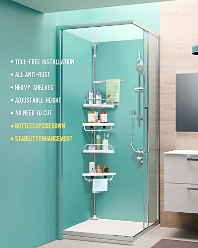 ROOMATIC 4 Layer Corner Shower Caddy, Adjustable Shower Shelf, Constant Tension Stainless Steel Pole Organizer, Rustproof 3.3 to 9.8ft