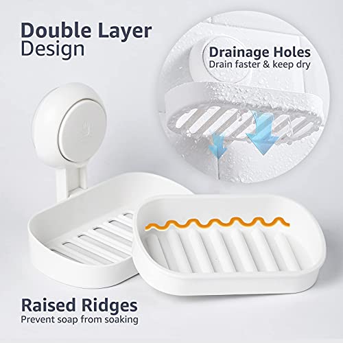 LEVERLOC Soap Holder Shower Caddy with 4 Hooks for Shower Suction Cup Wall Mounted NO-Drilling Removable Waterproof Strong Vacuum Suction Holder for Shower Bathtub Kitchen