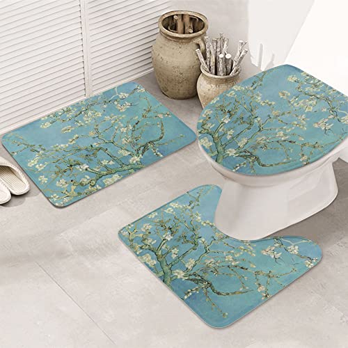 Almond Blossom by Vincent Van Gogh Paintings Bathroom Rugs Mats Set 3 Piece Soft Bath Mat Contour Mat Toilet Lid Cover