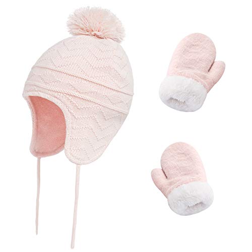 Kids Winter Beanie Hat Mittens Set Warm Fleece Hat Baby Toddler Knitted Hat & Gloves for Boys, Girls Pink