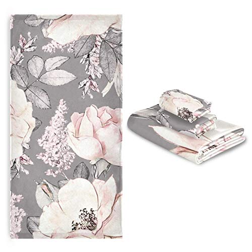 ALAZA Pink Rose Towels Bathroom Sets Flower Gray Towels Set of 3, 1 Bath Towel 1 Hand Towel 1 Washcloth Soft Highly Absorbent Decorative Towels for Kitchen Beach Gym Spa