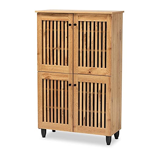 BOWERY HILL Modern Oak Brown Finished Wood 4-Door Shoe Storage Cabinet