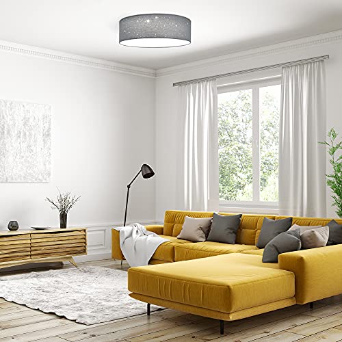 Navaris Flush Mount Ceiling Light - 15.75" Diameter Drum Lamp Shade LED Fixture with Sparkling Star Effect - Bedroom or Nursery Lighting - Light Gray