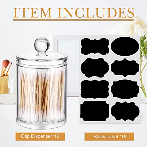 12 Pack Cotton Ball Dispenser Clear Apothecary Jars with Labels Acrylic Cotton Swab Holder Transparent Cotton Ball Container Round Flosser Organizer Cotton Balls Storage Bathroom Canisters