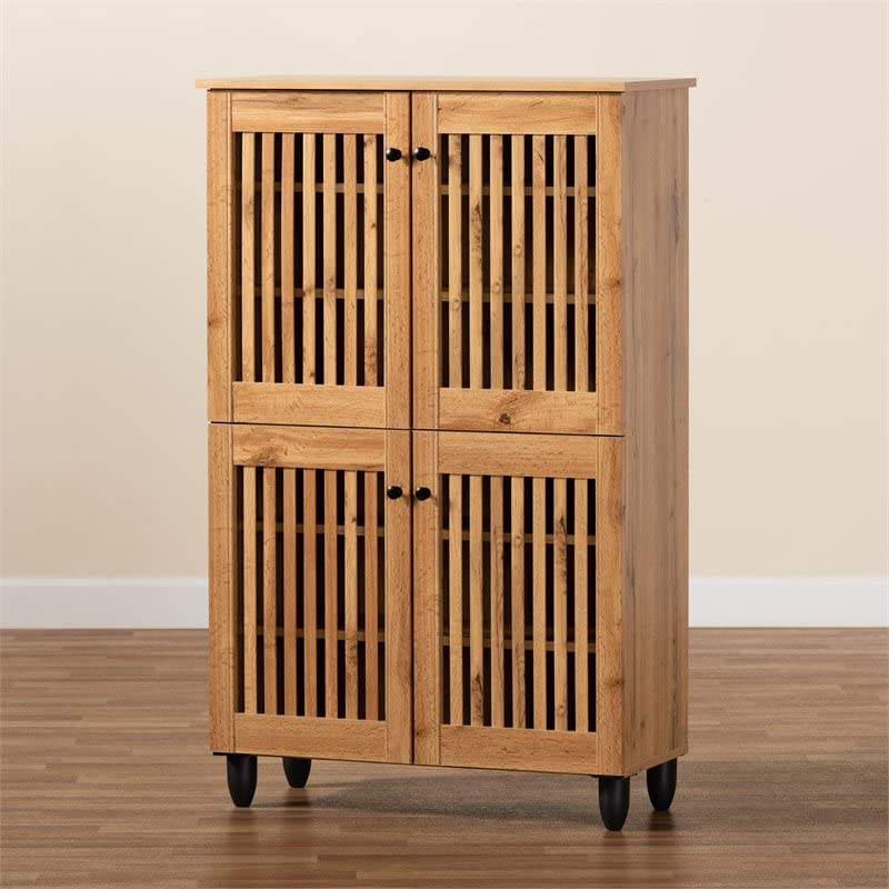 BOWERY HILL Modern Oak Brown Finished Wood 4-Door Shoe Storage Cabinet